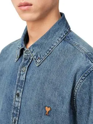 AMI Paris Light Denim Button-down Shirt With De Coeur
