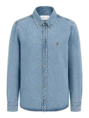 AMI Paris Light Denim Button-down Shirt With De Coeur - Blue