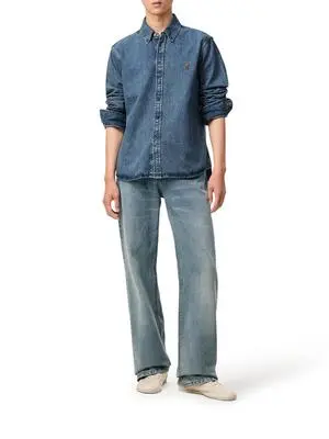 AMI Paris Light Denim Button-down Shirt With De Coeur