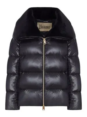 Herno Glossy Finish Down Jacket With Fur Collar - Black
