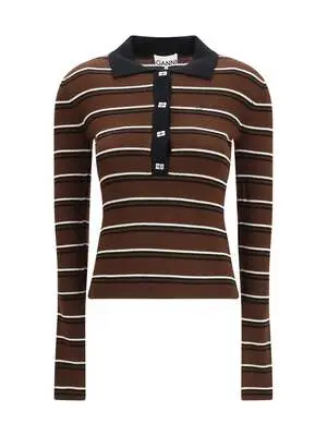GANNI Striped Merino Polo Shirt - Brown