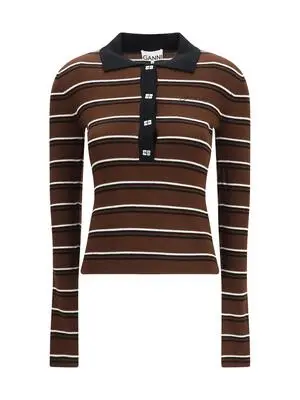 GANNI Striped Merino Polo Shirt - Brown