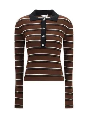 GANNI Striped Merino Polo Shirt - Brown