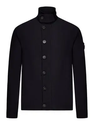Stone Island Regular Fit Sweater With Zip And Button Fastening - Black