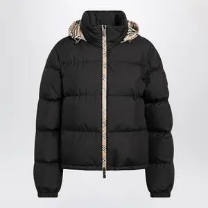Burberry Zip-up Padded Down Jacket With Check Detail - Black
