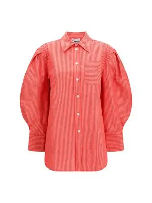 GANNI Striped Cotton Shirt With Balloon Sleeves - Red