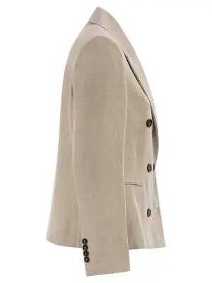 Brunello Cucinelli Double-breasted Jacket In Linen And Cotton With Chevron Pattern