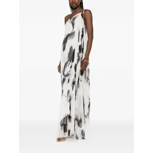 Max Mara Floral Print One Shoulder Pleated Evening Dress - White