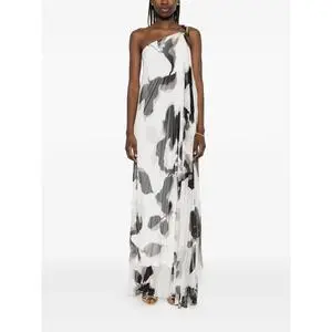 Max Mara Floral Print One Shoulder Pleated Evening Dress - White