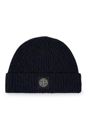 Stone Island Ribbed Knit Beanie With Compass Logo Patch - Black