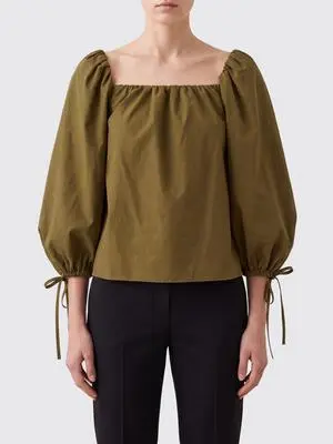 Saint Laurent Cotton-blend Blouse With Puff Sleeves And Square Neckline - Brown
