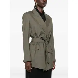 Max Mara Check Virgin Wool Belted Blazer - Brown