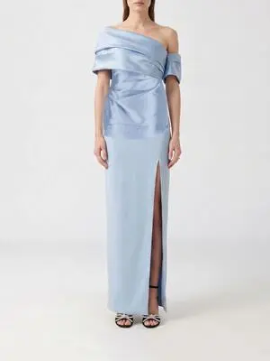 Solace London Asymmetric Off-the-shoulder Satin Sheath Long Evening Gown - Blue