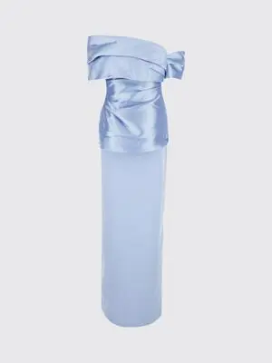 Solace London Asymmetric Off-the-shoulder Satin Sheath Long Evening Gown - Blue
