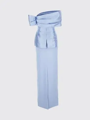 Solace London Asymmetric Off-the-shoulder Satin Sheath Long Evening Gown - Blue
