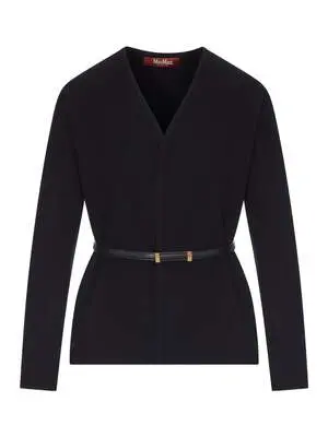 Max Mara Wool Cardigan With Leather Profiles And Belt - Black