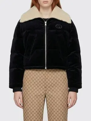 Gucci Velvet Padded Down Jacket With Shearling Collar