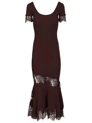 SELF-PORTRAIT Ribbed Midi Dress - Brown