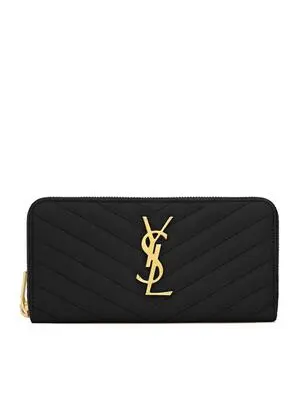 Saint Laurent Cassandre Matelassé Zip Wallet In Grain De Poudre Embossed Leather - Black