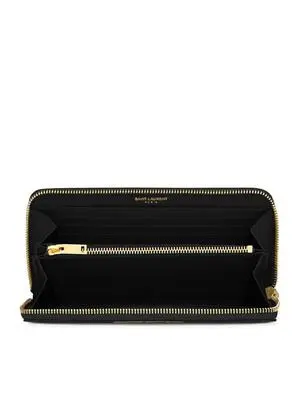 Saint Laurent Cassandre Matelassé Zip Wallet In Grain De Poudre Embossed Leather - Black