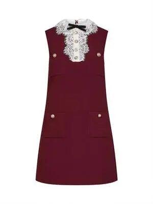SELF-PORTRAIT Burgundy Crepe Mini Dress With Lace Collar - Multicolor