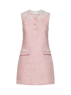 SELF-PORTRAIT Pink Bouclé Mini Dress With Lace Collar - Multicolor