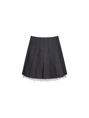 SELF-PORTRAIT Grey Wool Blend Pleated Mini Skirt With Lace Insert - Multicolor