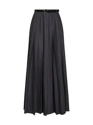 SELF-PORTRAIT Grey Wool Blend Belted Pleated Maxi Skirt - Multicolor