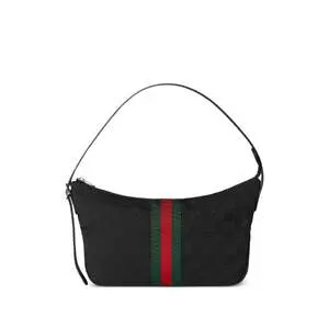 Gucci Gg Supreme Canvas Shoulder Bag With Web Stripe - Black