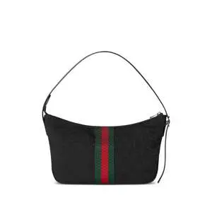 Gucci Gg Supreme Canvas Shoulder Bag With Web Stripe - Black