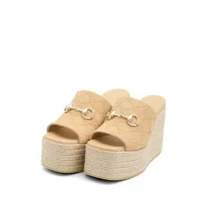 Gucci Gg Monogram Suede Wedge Shoes - Cream