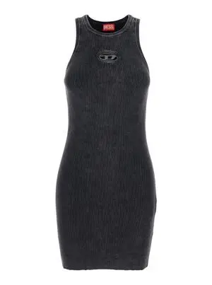 DIESEL® Sleeveless Crew Neck Dress With Cut-out And Logo On The Front In Ribbed Cotton For - Black