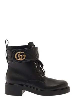 Gucci Black Ankle Boot With Double 'g' And Textured Hardware In Leather - Multicolor
