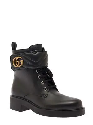 Gucci Black Ankle Boot With Double 'g' And Textured Hardware In Leather - Multicolor