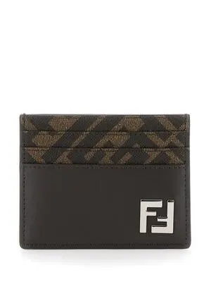 Fendi Squared Ff Card Holder In Leather And Ff Canvas - Brown