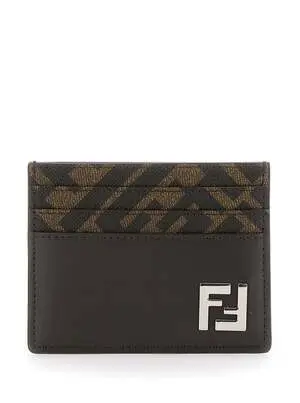 Fendi Squared Ff Card Holder In Leather And Ff Canvas - Brown