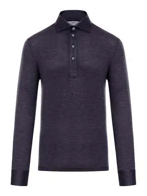 Brunello Cucinelli Long-sleeved Polo Shirt In Light Silk And Cotton Jersey With Shirt Collar - Blue