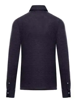 Brunello Cucinelli Long-sleeved Polo Shirt In Light Silk And Cotton Jersey With Shirt Collar - Blue