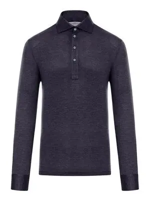 Brunello Cucinelli Long-sleeved Polo Shirt In Light Silk And Cotton Jersey With Shirt Collar - Blue