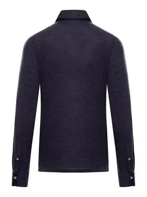 Brunello Cucinelli Long-sleeved Polo Shirt In Light Silk And Cotton Jersey With Shirt Collar - Blue