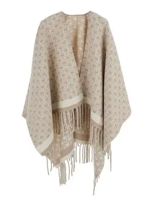 FERRAGAMO Beige Cape With Frayed Hem And All-over Gancini Embroidery In Wool For - Multicolor