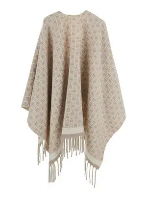 FERRAGAMO Beige Cape With Frayed Hem And All-over Gancini Embroidery In Wool For - Multicolor