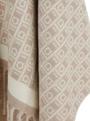 FERRAGAMO Beige Cape With Frayed Hem And All-over Gancini Embroidery In Wool For - Multicolor