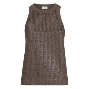 Brunello Cucinelli Check Embroidered Crew Neck Sleeveless Tank Top - Brown