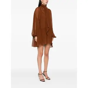 Saint Laurent Sheer Long Sleeve Mini Dress - Brown
