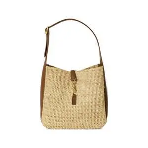 Saint Laurent Calf Leather Raffia Shoulder Bag - Cream