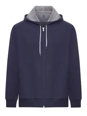 Brunello Cucinelli Double Cotton, Cashmere And Silk Sweatshirt Topwear With Zip And Hood - Blue