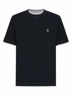 Brunello Cucinelli Cotton T-shirt With Front Logo And Contrasting Trim - Blue