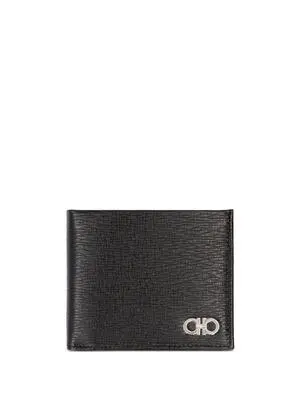 FERRAGAMO Hammered Leather Metal Gancini Bi-fold Wallet - Black