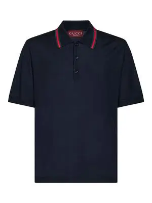 Gucci Dark Blue Wool Knit Polo With Web Pattern - Multicolor